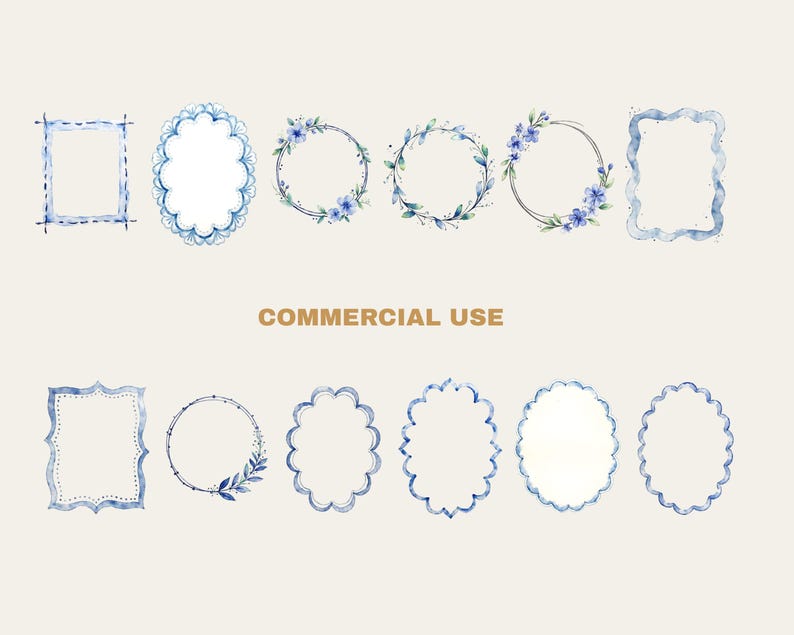 Hand Drawn Watercolor Frame Clipart Bundle Vintage-inspired Blue Frames ...