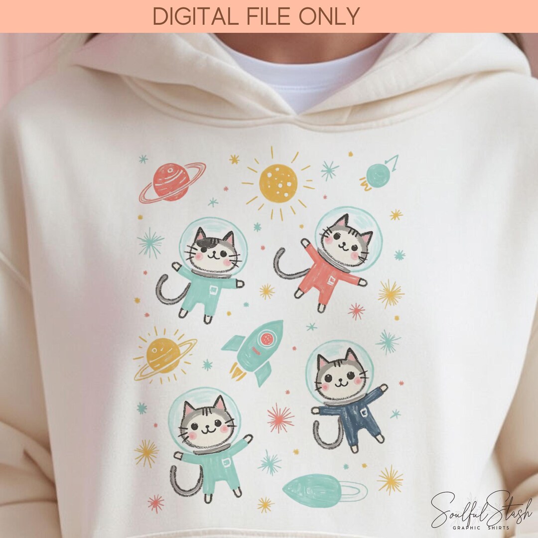 Playful Doodle Space Cats With Rockets and Planets in a Colorful Hand ...