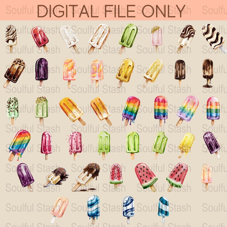 PNG Watercolor Popsicle Clipart Bundle Set, Summer Treats, Ice Cream ...