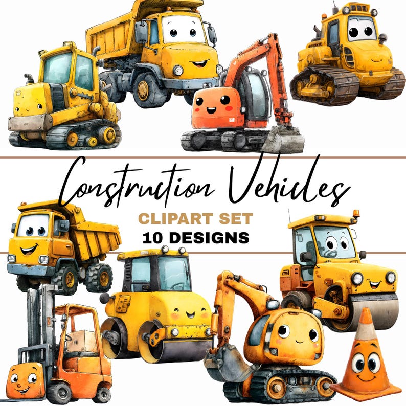 Cute Construction Vehicle Clipart Set | Bulldozer, Dump Truck ...