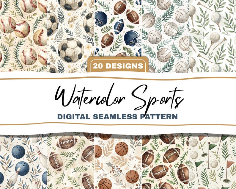 Buy Watercolor Sports Seamless Bundle Football, Baseball, Golf, Bowling ...