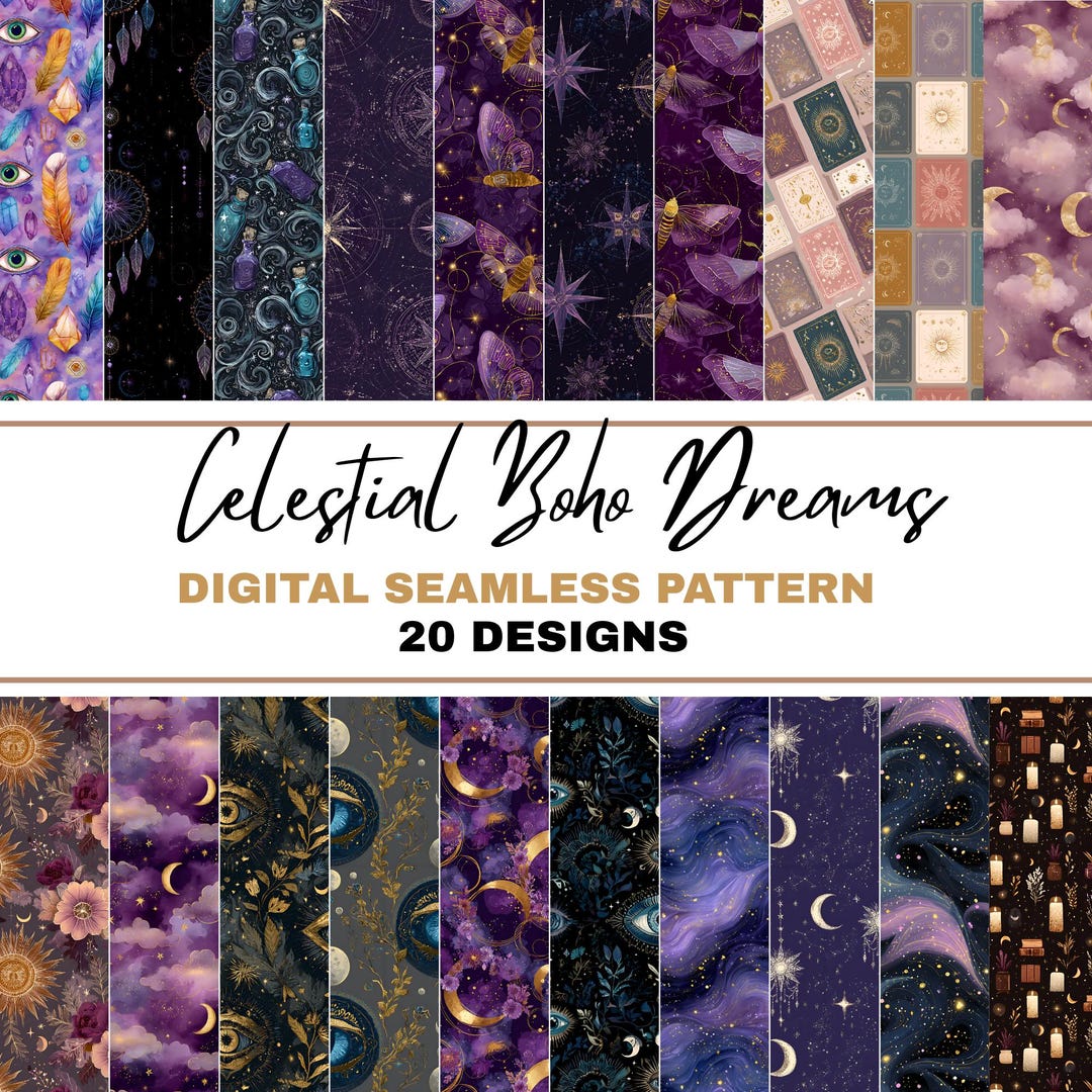 Boho Celestial Digital PNG Seamless Bundle , Pattern Print, Starry ...