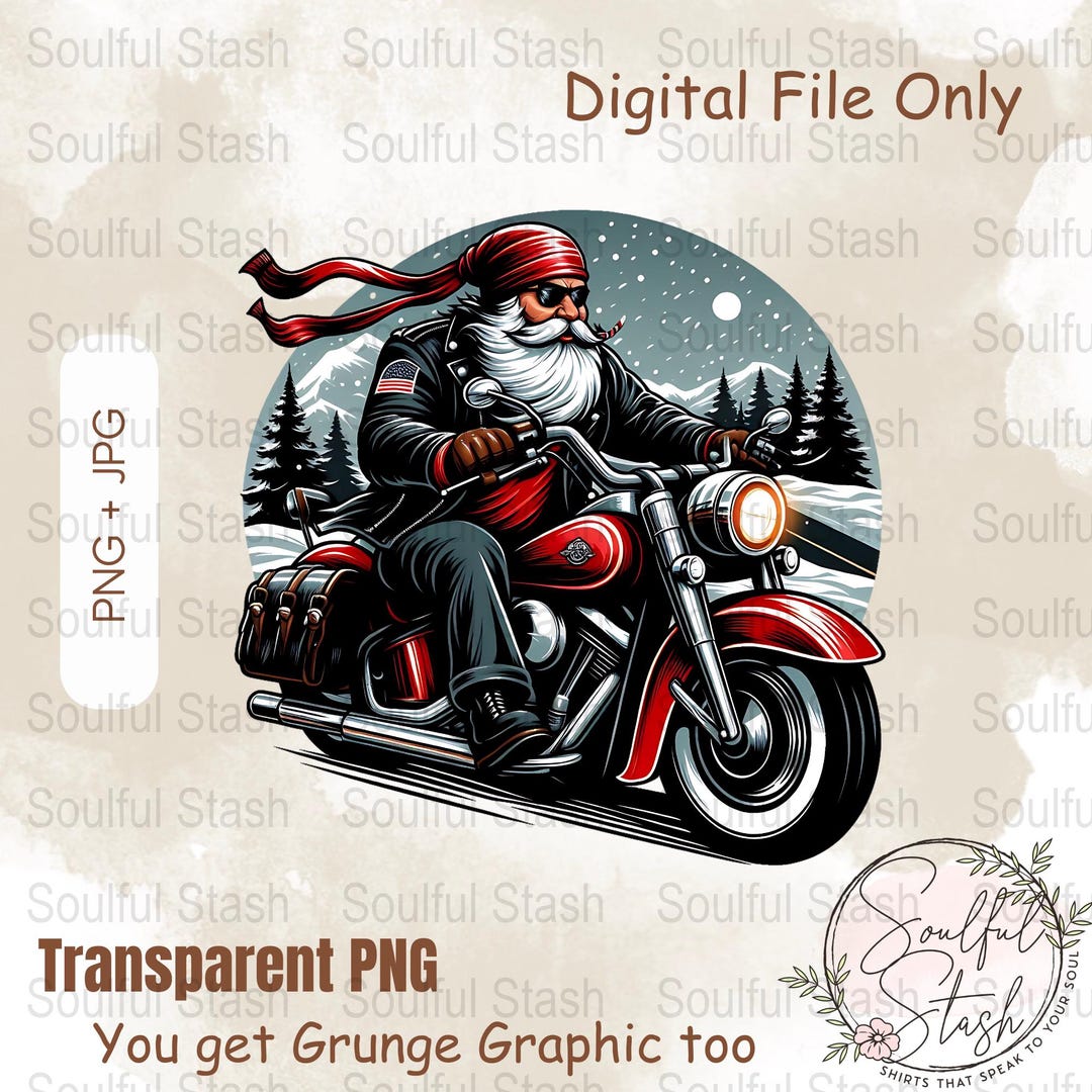 Unique Santa on Motorcycle PNG, Christmas Biker Santa Digital Art, Festive Santa Claus Riding ...