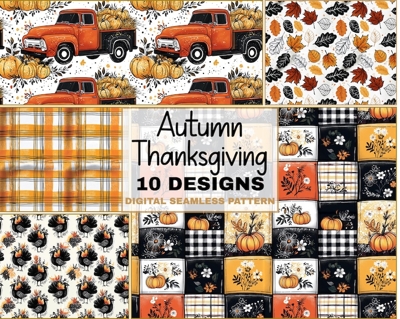 Autumn Thanksgiving Seamless Pattern Bundle Fall Designs Pumpkins ...