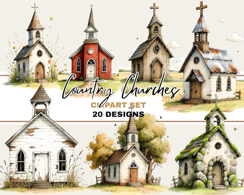 Watercolor Country Church Clipart Bundle Rustic Rural Chapels Peaceful ...