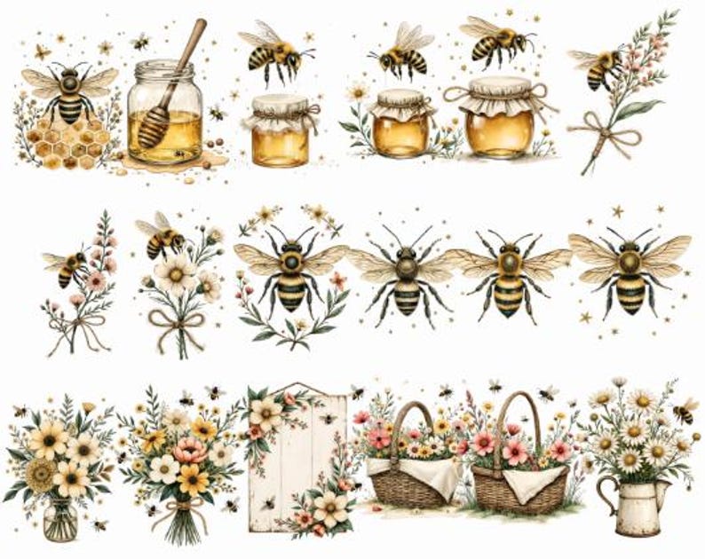 Rustic Cottagecore Bee Bundle Seamless Patterns Watercolor Floral ...