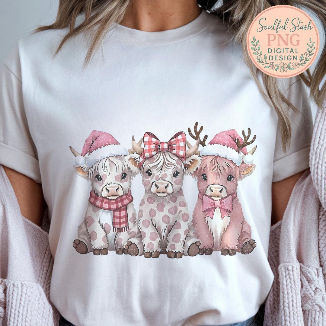 Pink Highland Cows Christmas PNG Set, Girly Holiday Cows With Bows ...