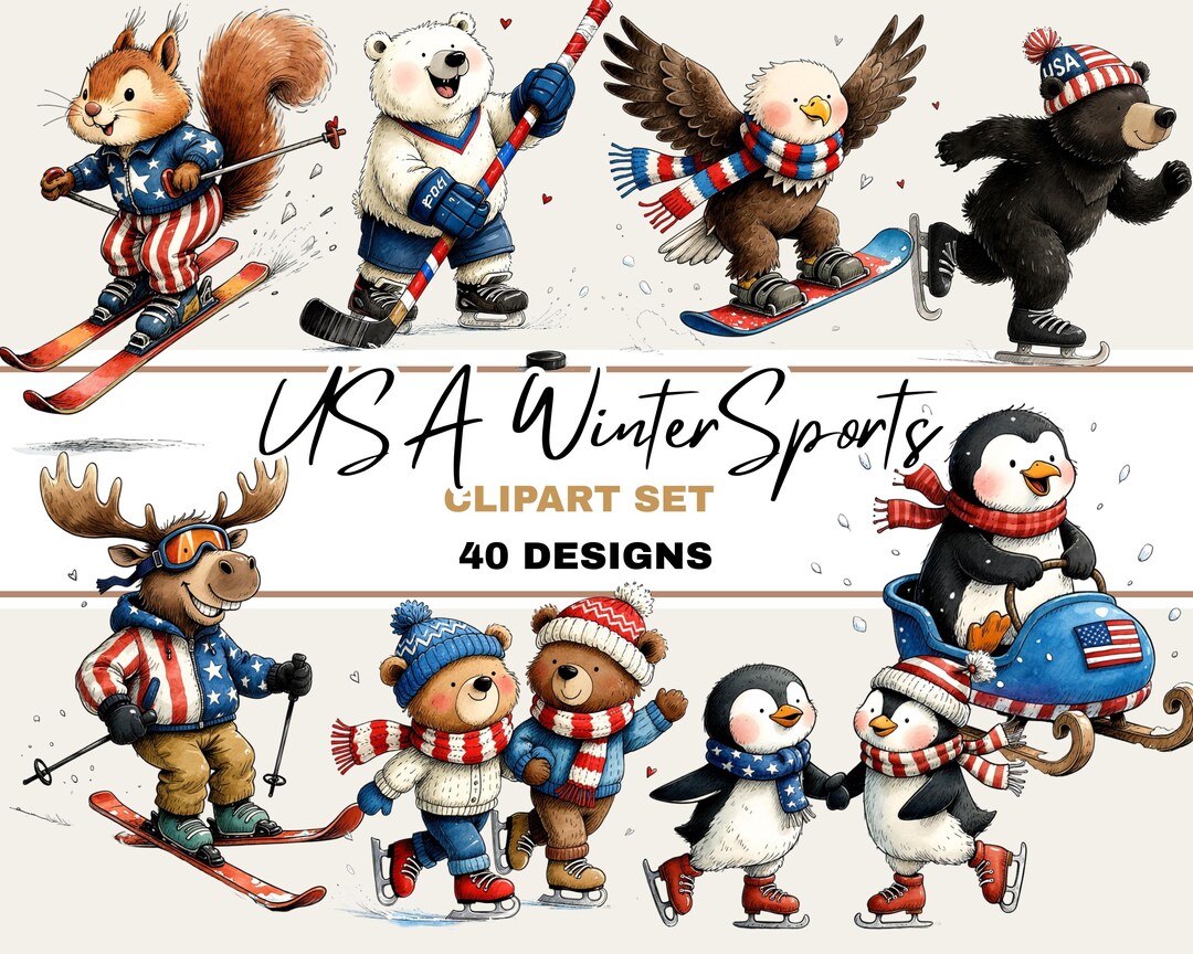 Whimsical Winter Sports Animal Clipart Bundle USA Digital Download - Etsy