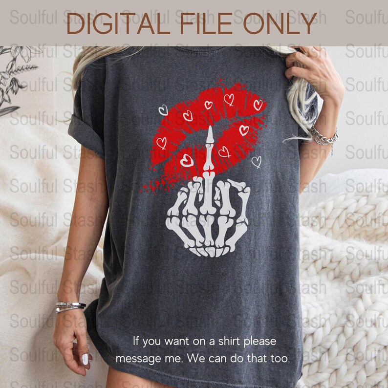 Skeleton Hand Middle Finger Red Lips Print, Halloween Digital Art, Edgy ...