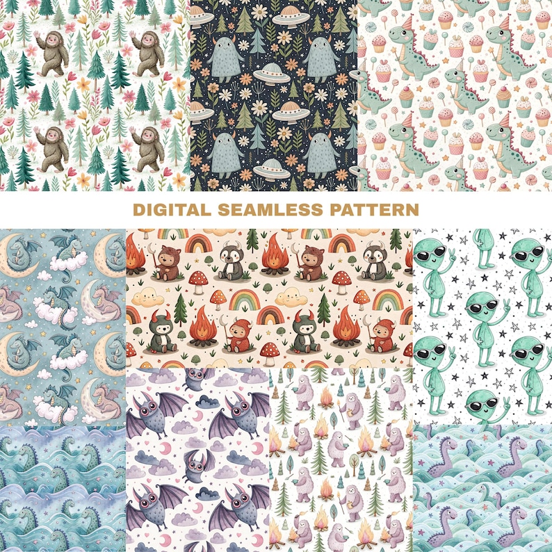 Cute Cryptid Seamless Patterns Bundle PNG, Hand-drawn Mothman Bigfoot ...