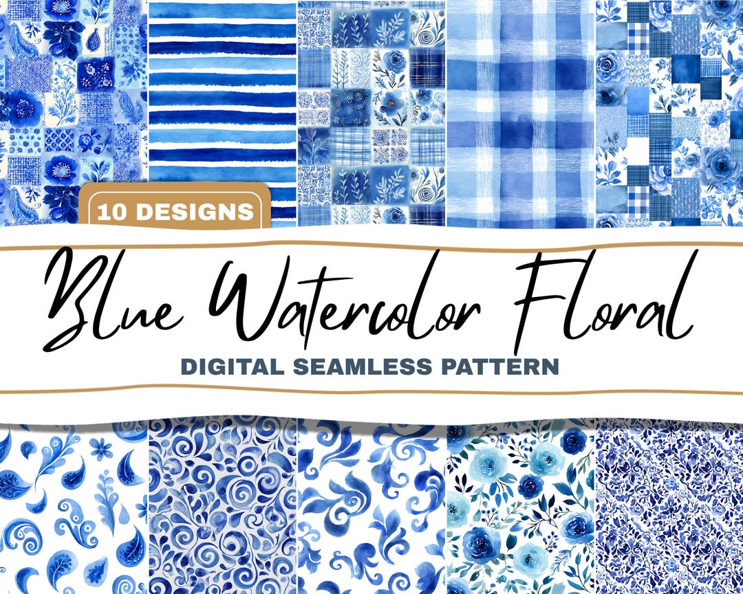 Hand-painted Blue Watercolor Seamless Pattern Bundle – Artistic Swirls ...