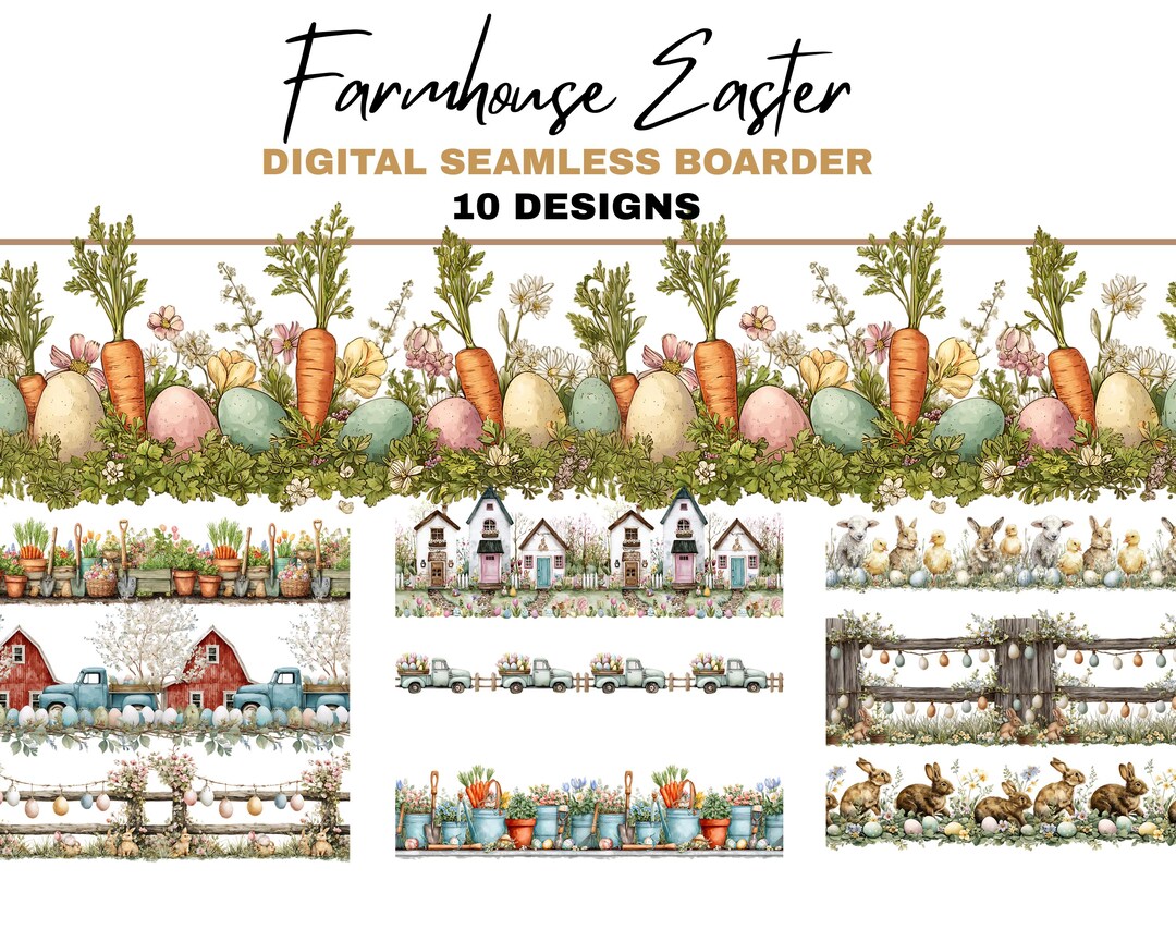 Farmhouse Easter Seamless Border Designs Watercolor Florals Spring ...