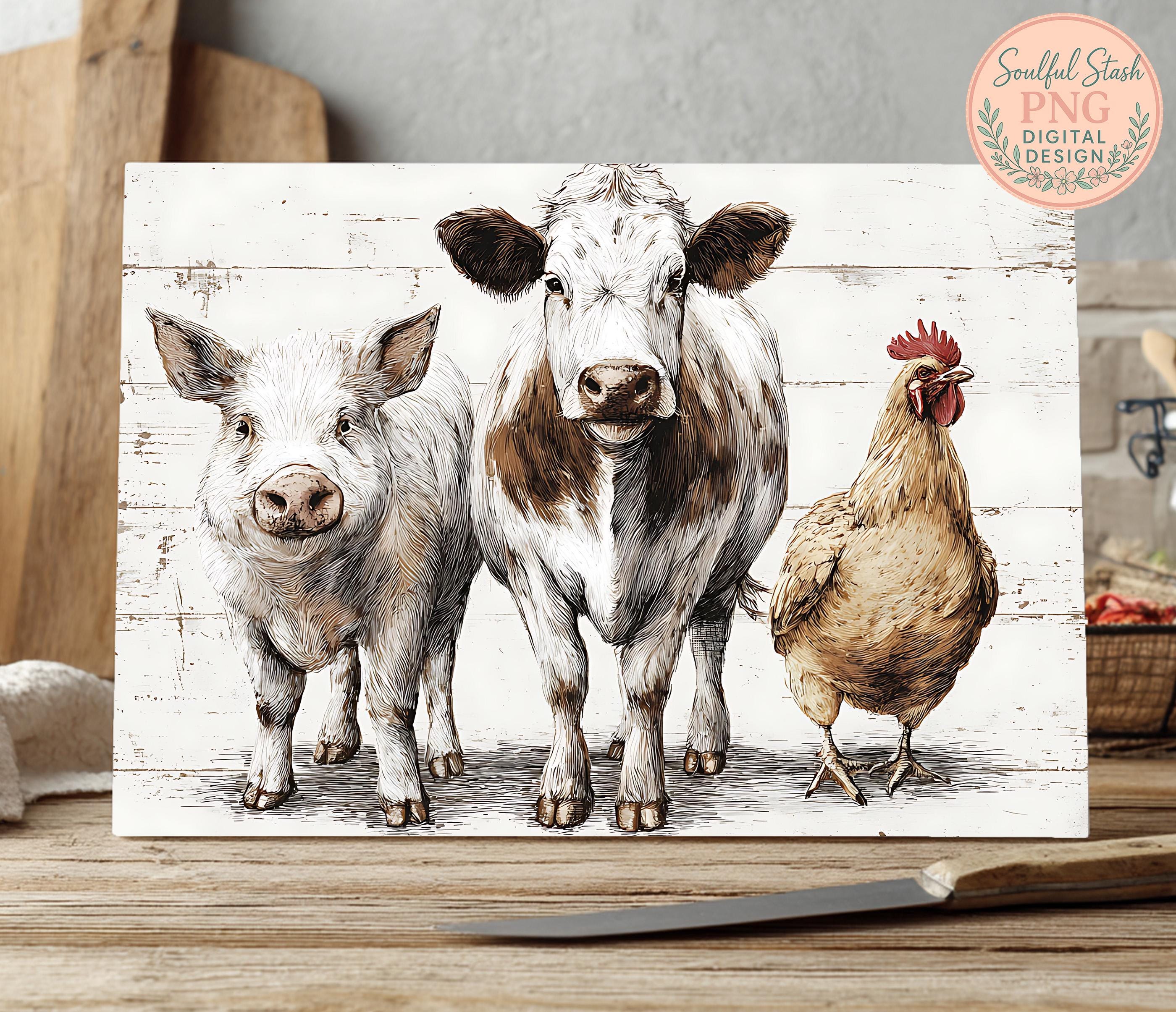 Farm Animal Trio Sketch Style Glass Cutting Board Farmhouse Digital ...