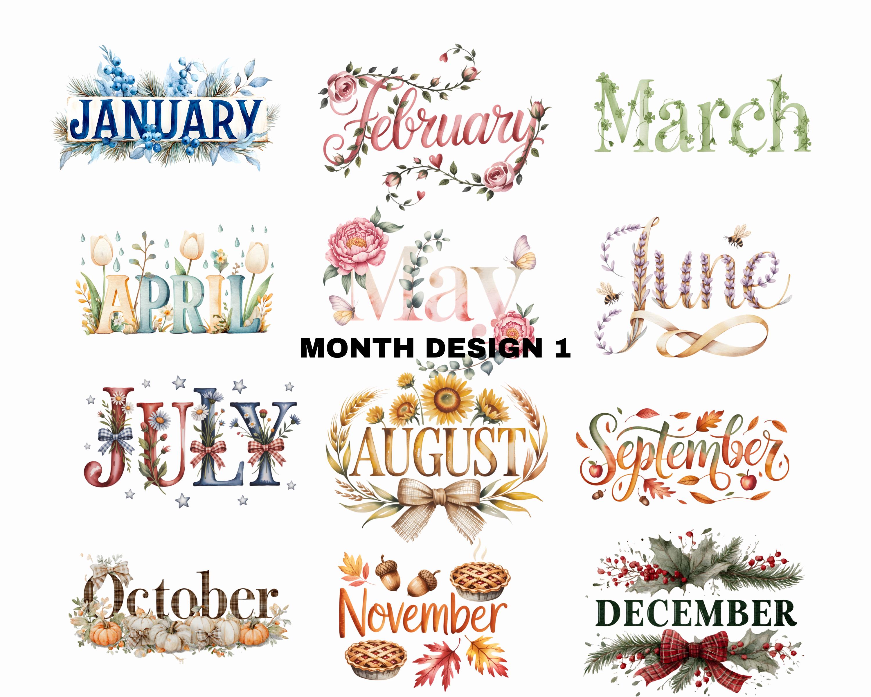 Hand-drawn Watercolor Cottagecore Calendar Months Clipart Bundle | 3 ...