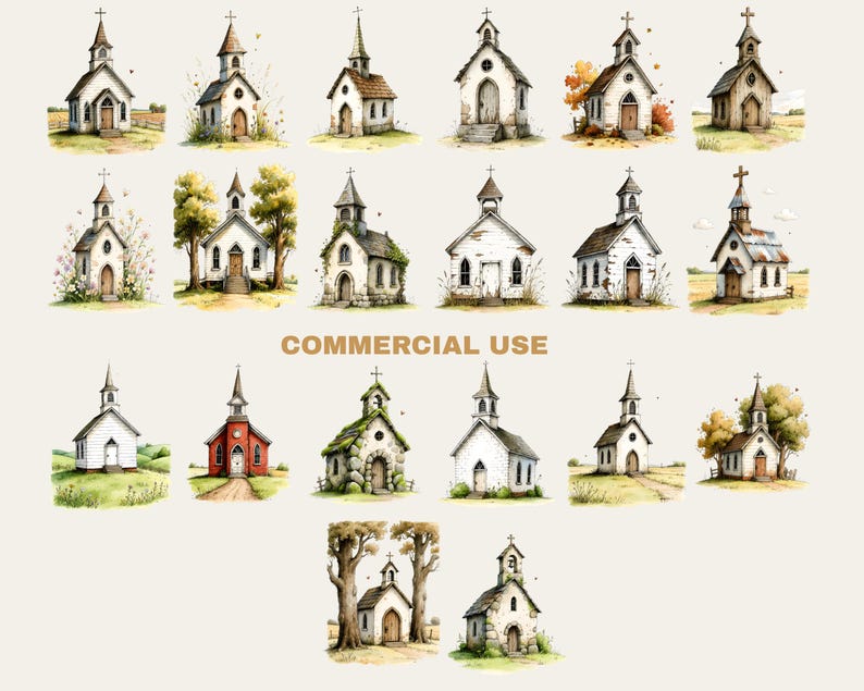 Watercolor Country Church Clipart Bundle Rustic Rural Chapels Peaceful ...