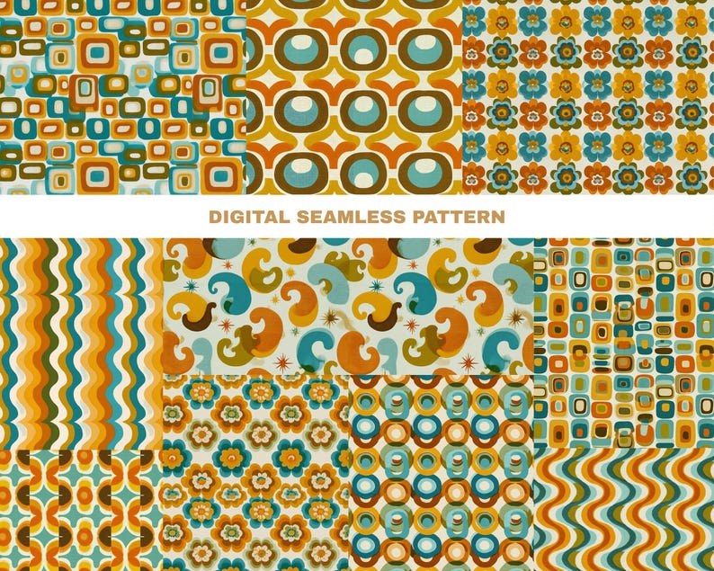Retro 70s Seamless Patterns Bundle Groovy Geometric Shapes Vintage ...