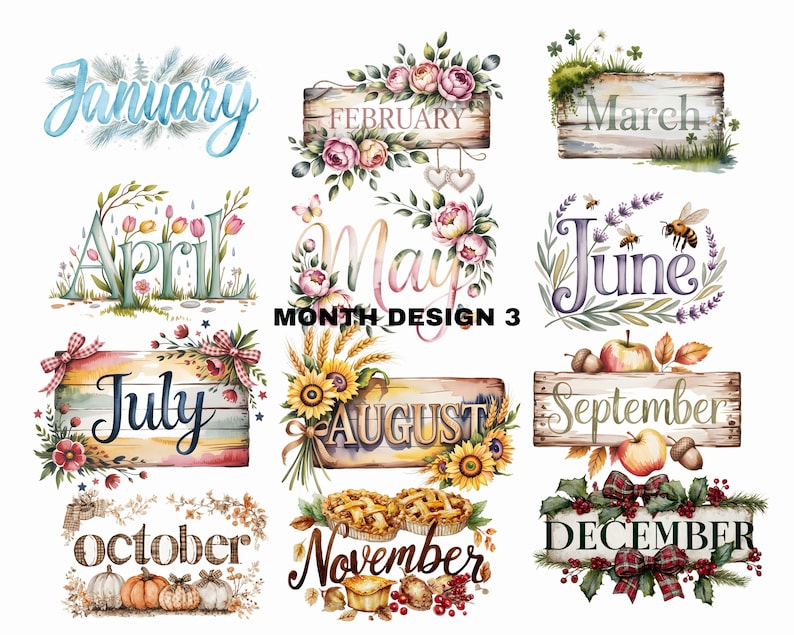 Hand-drawn Watercolor Cottagecore Calendar Months Clipart Bundle | 3 ...