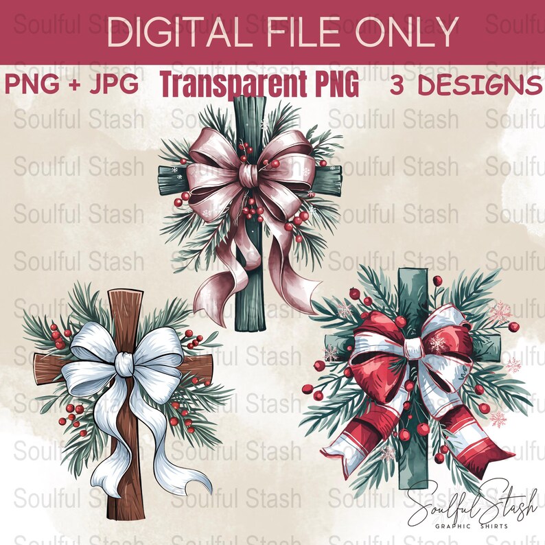 Christmas Cross With Pink Bow Bundle, Wreath Design for Sublimation ...