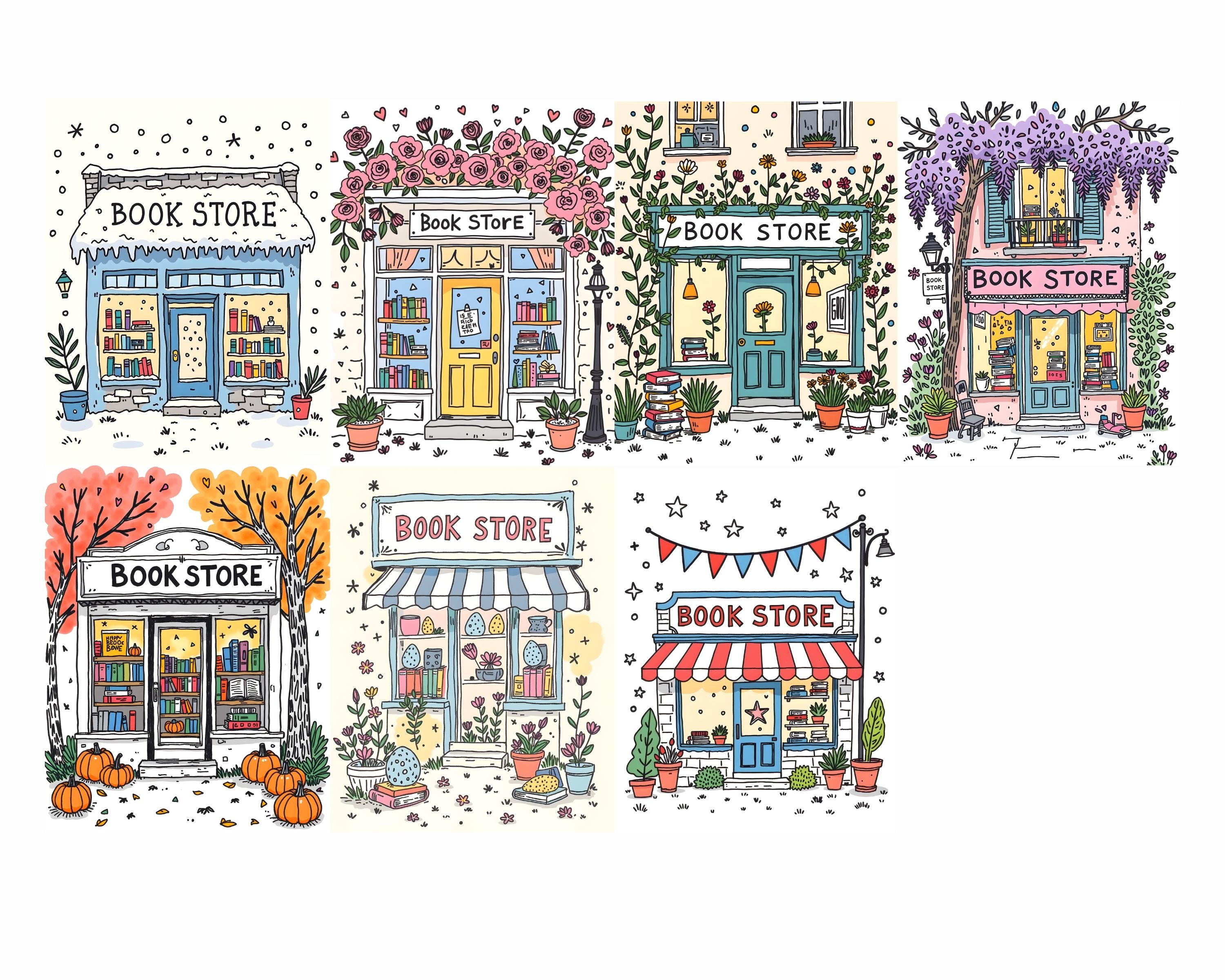 Seasonal Book Store Front Clipart Set Spring, Summer, Fall, Winter and ...