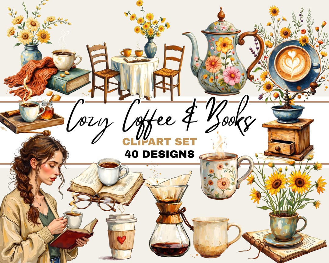 Cozy Cottagecore Coffee and Books Clipart Bundle Warm Aesthetic Digital ...