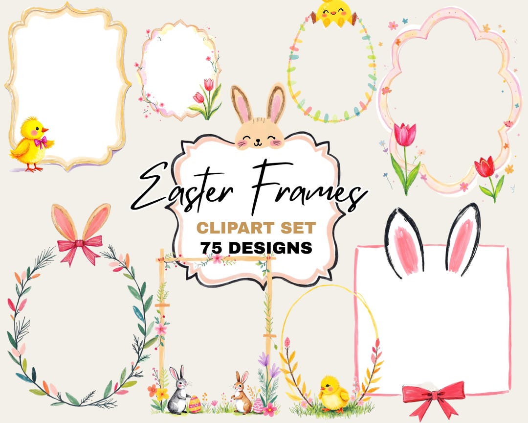 Hand Drawn Easter Frames Clipart Bundle Bunnies, Chicks, Bows Spring ...