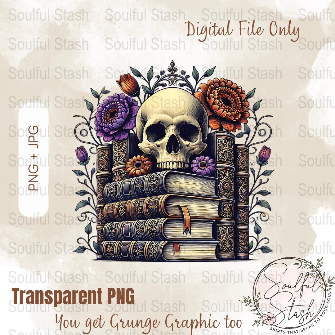 Skull and Book Stack Illustration, PNG Digital Download, Gothic Art ...