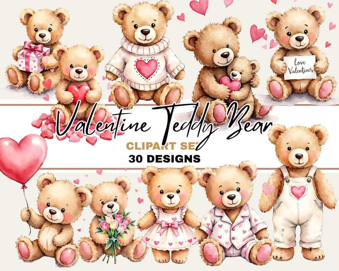 Valentine Teddy Bear Clipart Bundle Watercolor Romantic Nursery Digital ...