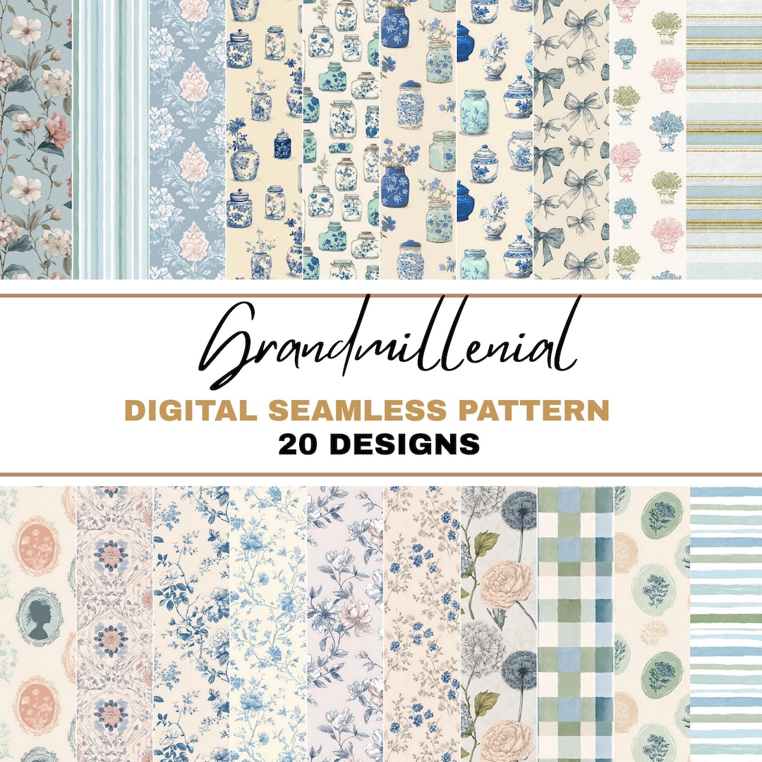 Watercolor Grandmillennial PNG Seamless Bundle , Pattern Print, Pastel ...