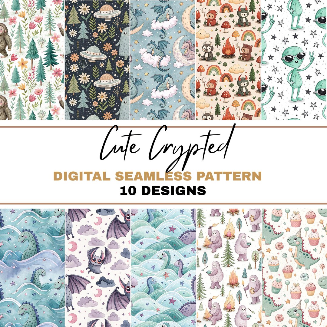 Cute Cryptid Seamless Patterns Bundle PNG, Hand-drawn Mothman Bigfoot ...