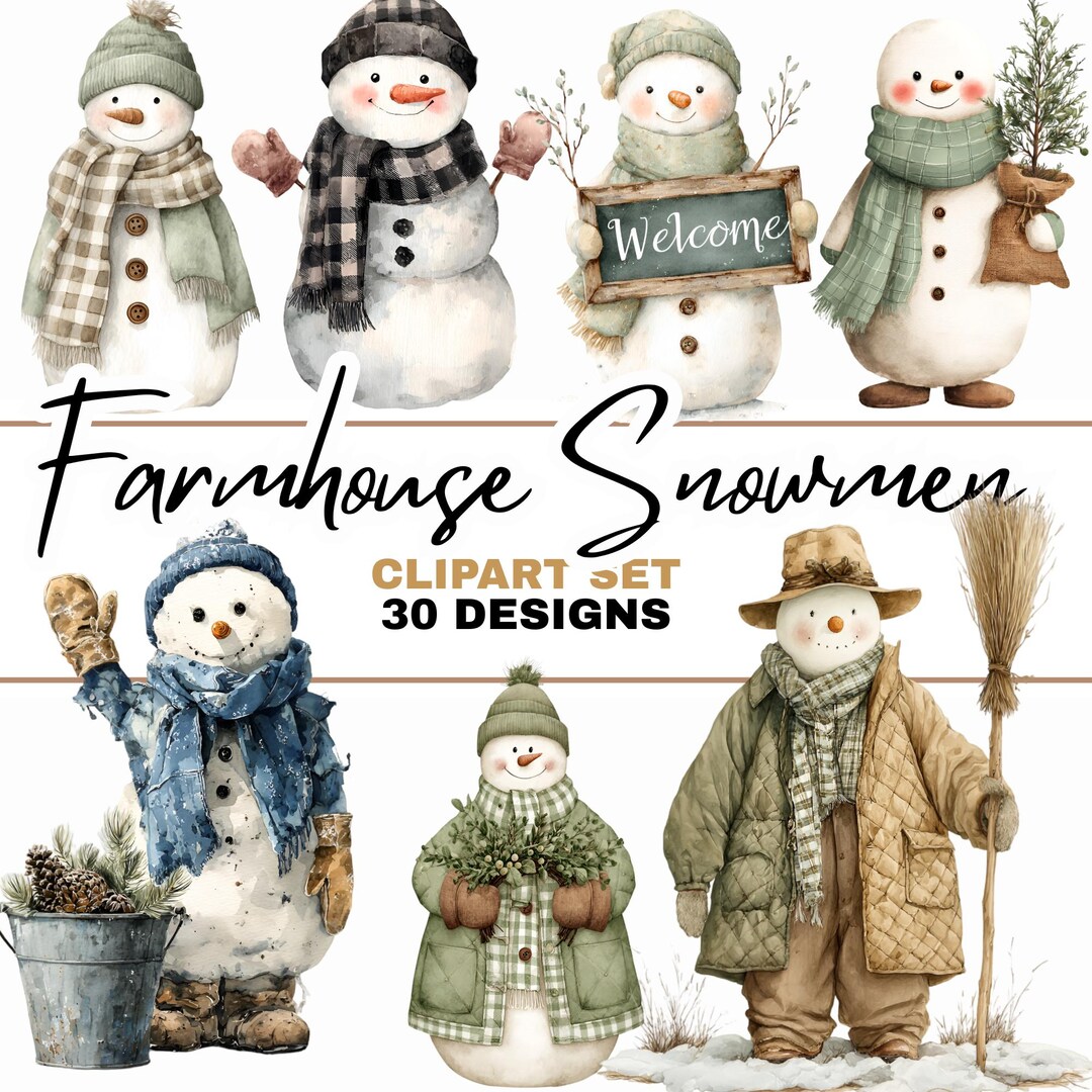 Farmhouse Snowmen Clipart Bundle: Rustic Winter PNG Graphics (digital ...