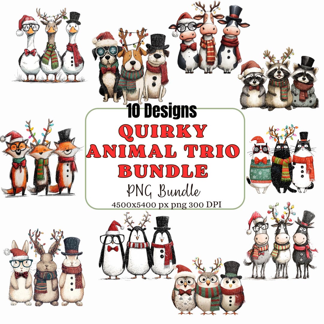 Whimsical Christmas Animal Trio Clipart Bundle, Festive Holiday PNG Set ...