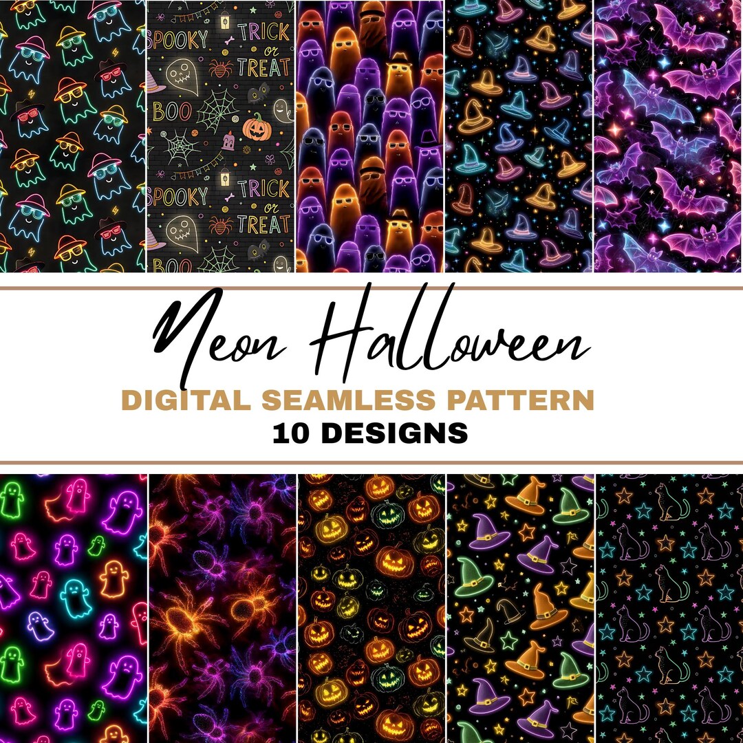 Neon Halloween Seamless Digital Paper, Neon Halloween, Seamless Pattern ...