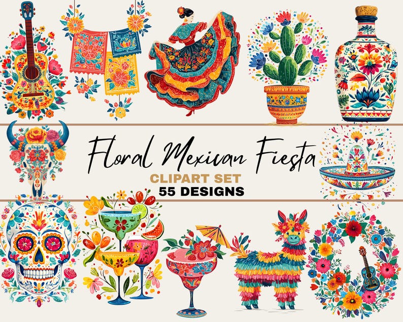 Mexican Flower Fiesta Clipart Bundle Colorful PNG Cinco De Mayo, Party ...