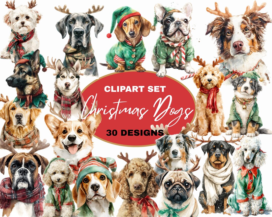 Watercolor Christmas Dog Clipart Set With Reindeer and Elf Designs – 30 ...