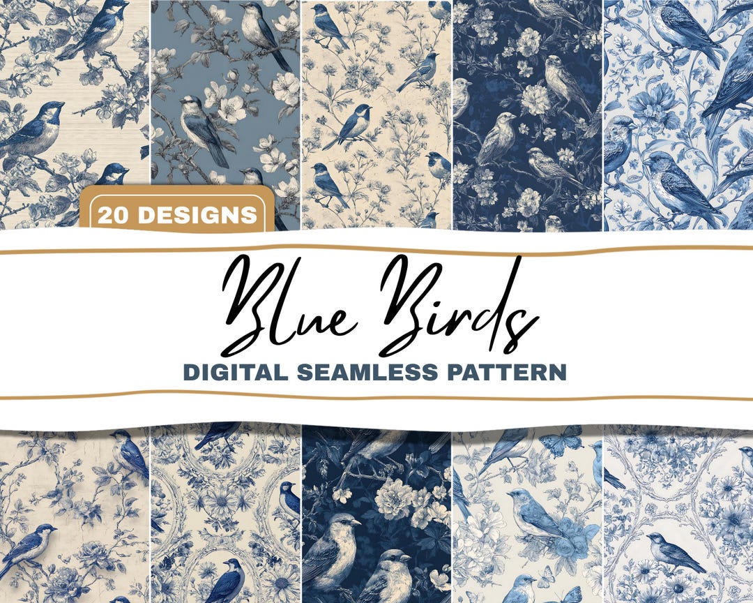 Vintage Blue Bird Patterns, Classic Toile, Botanical Style, Digital ...