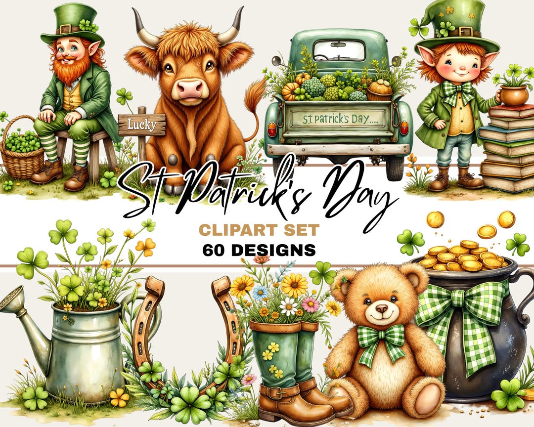 St. Patrick’s Day Farmhouse Clipart Bundle Cozy Watercolor Highland Cow ...