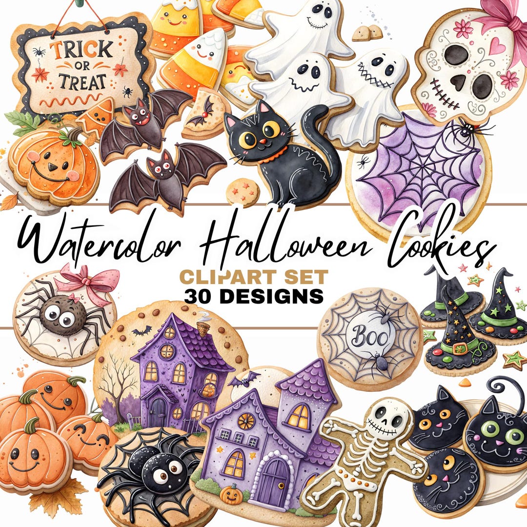 Halloween Cookie Clipart Set: Spooky Watercolor Designs (PNG Digital ...