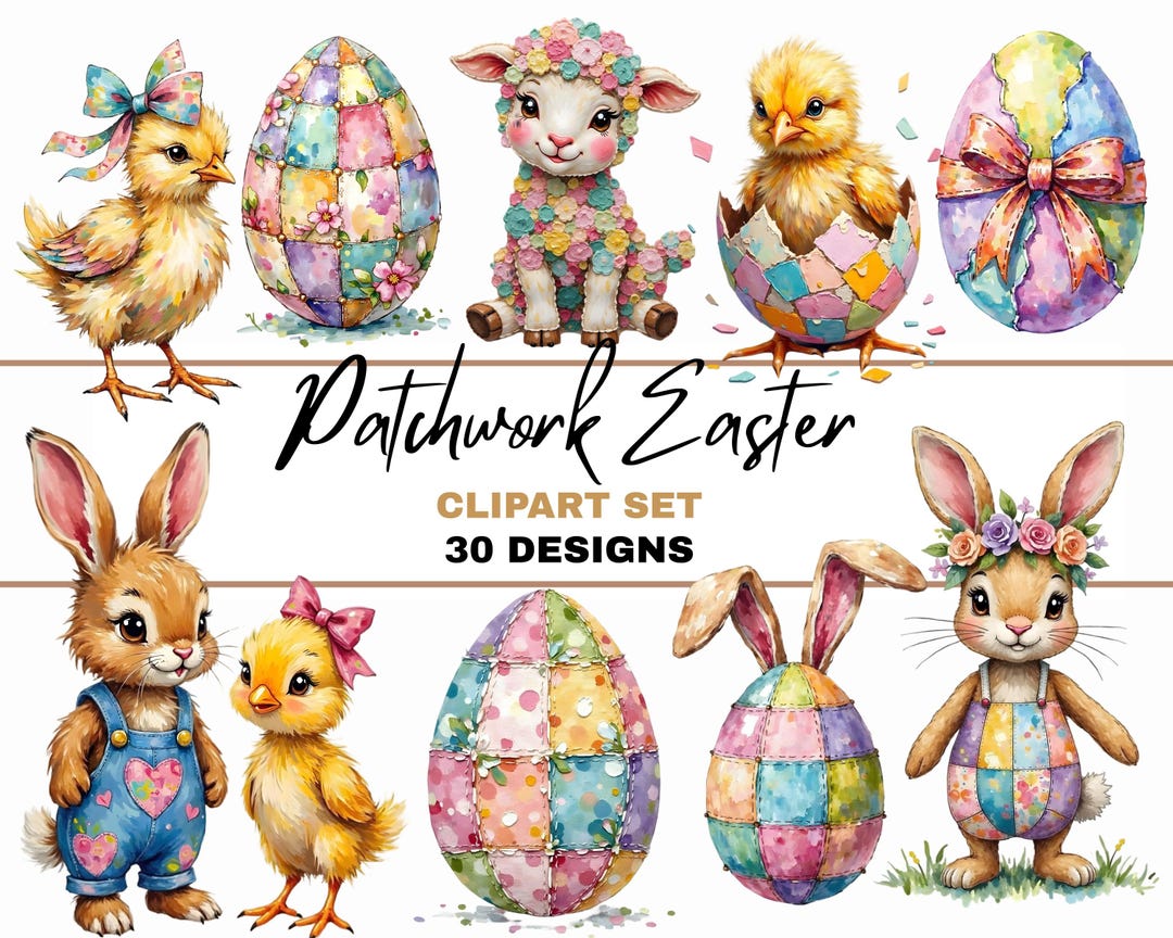 Whimsical Patchwork Easter Clipart Set Spring Florals, Hand-drawn ...