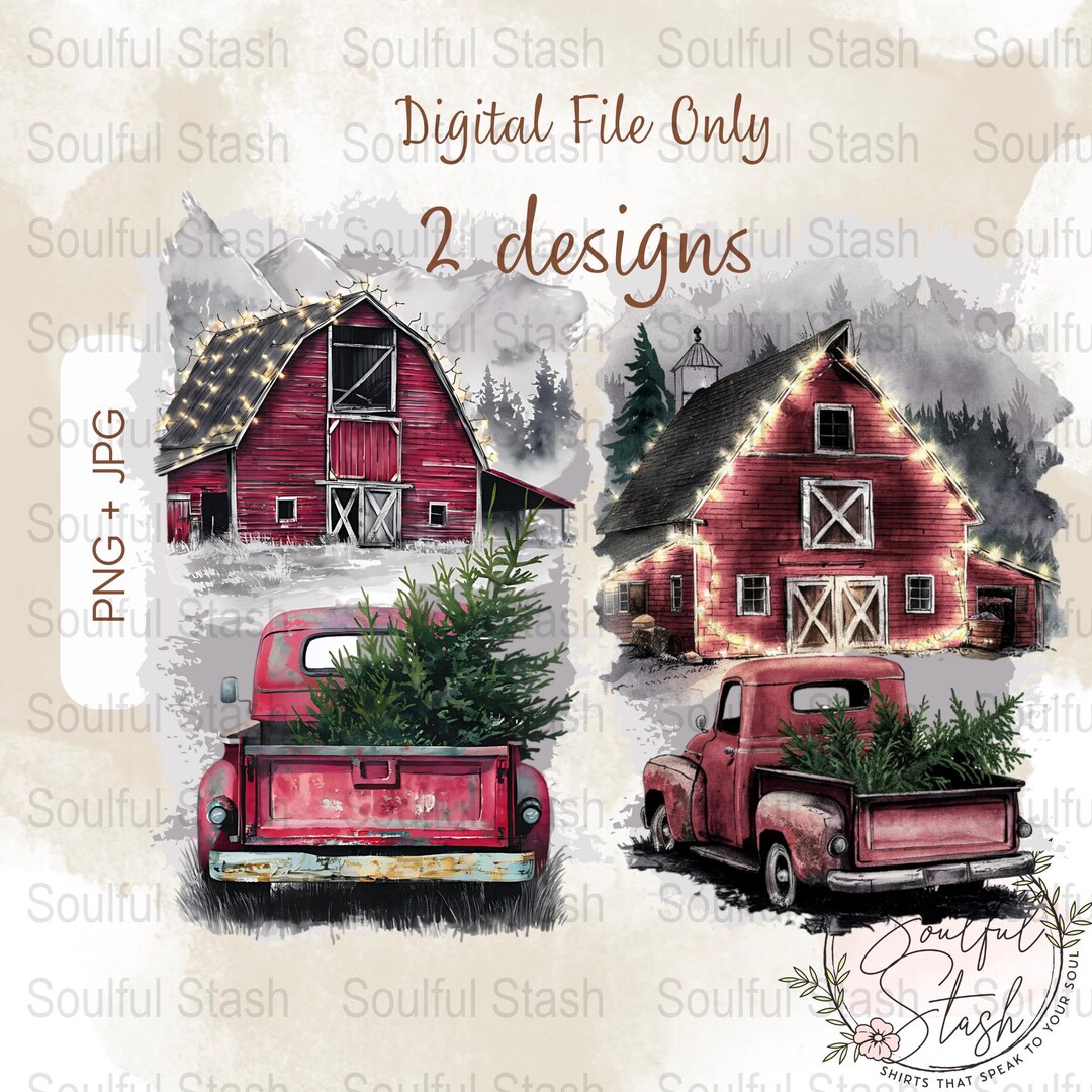 Vintage Red Truck With Christmas Tree and Barn, Holiday Sublimation ...