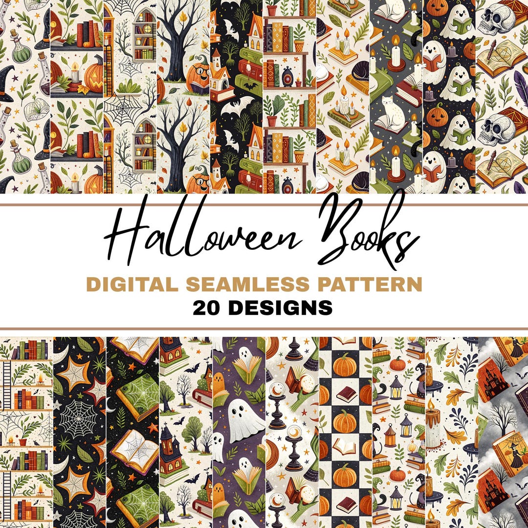 Boho Book Halloween PNG Seamless Bundle , Halloween Library Pattern ...