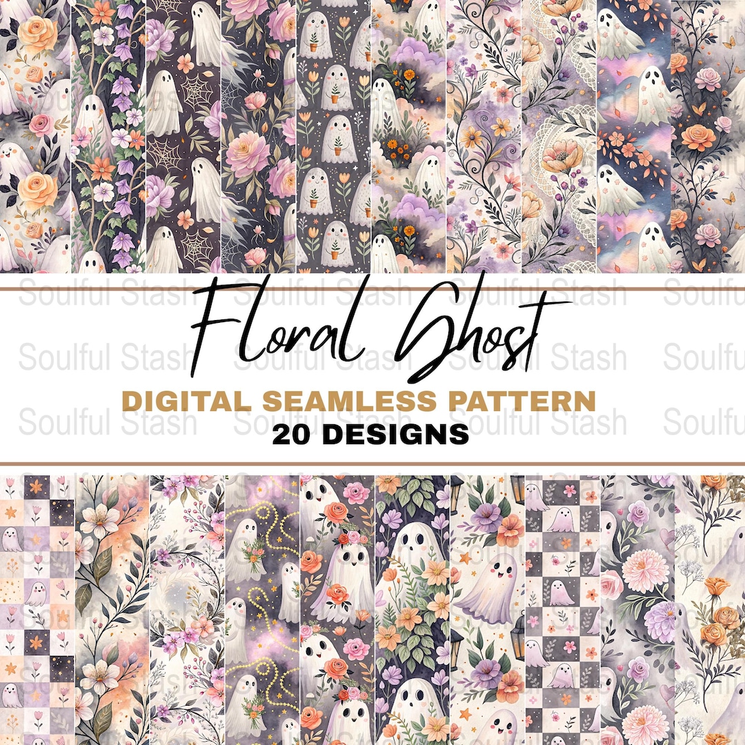 Floral Ghost PNG Seamless Bundle, Halloween Pattern Print, Spooky ...