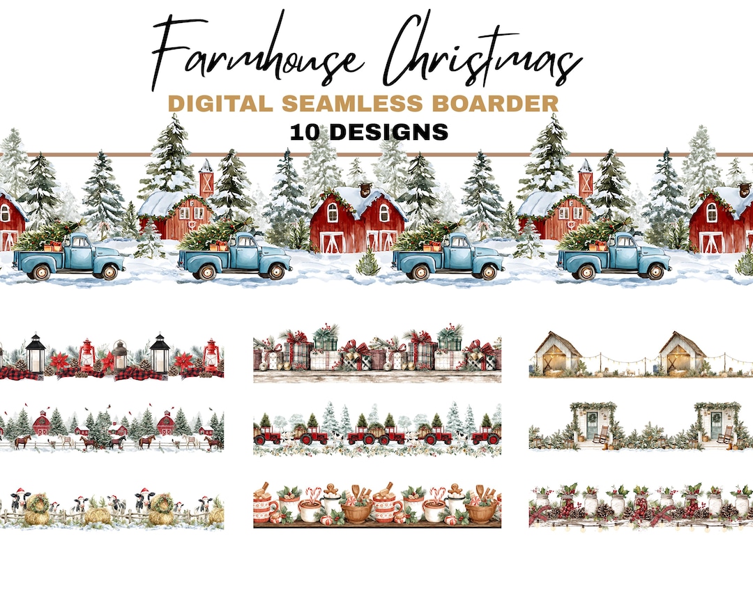 Farmhouse Christmas Seamless Borders Bundle, Country Holiday Clipart ...