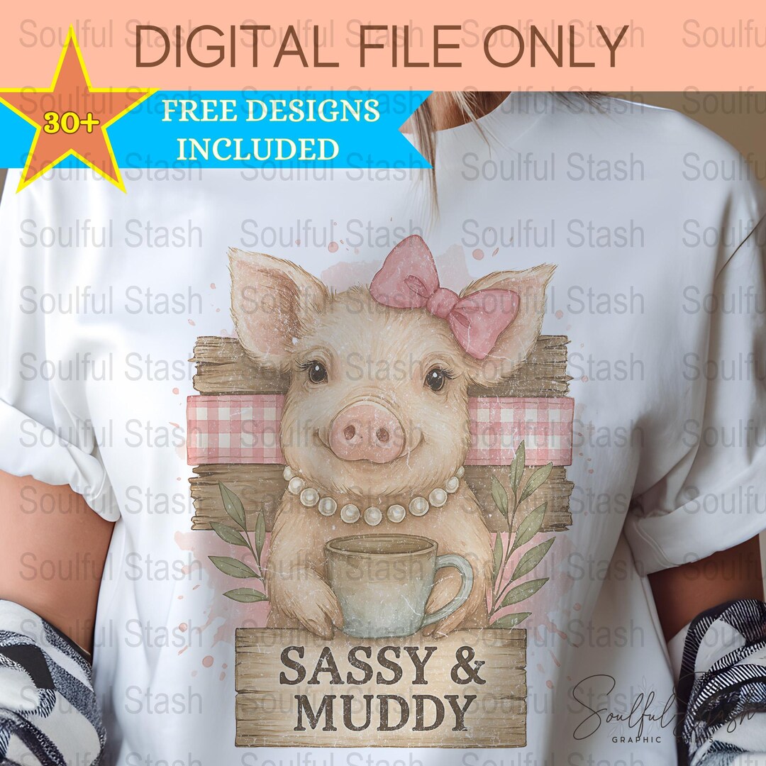 Sassy and Muddy PNG, Coquette Pig With Coffee Clipart, Pink Bow Rustic ...