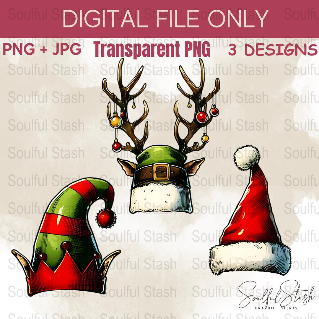 Reindeer Antlers PNG, Christmas Santa Hats Clipart Set, Cute Elf ...