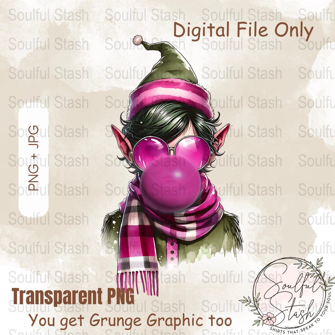 Retro Hipster Elf With Bubble Gum Blowing Digital Print, Groovy ...