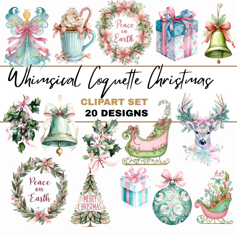 Whimsical Coquette Christmas Clipart Set of 20 | Watercolor Trees ...