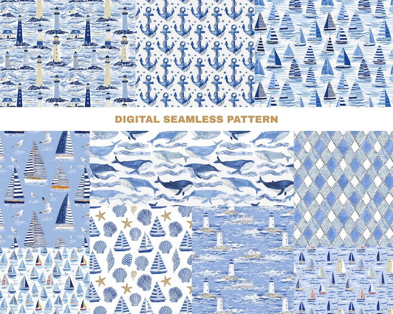 Coastal Seamless Pattern Bundle Blue Nautical Designs Sailboats Digital ...