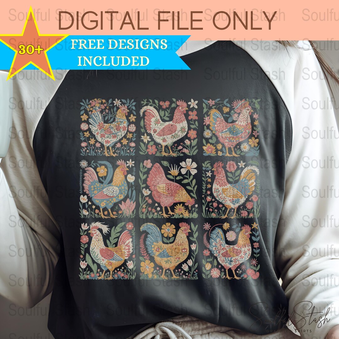 Retro BOHO Floral Chicken PNG, Spring Digital Download, Flower ...