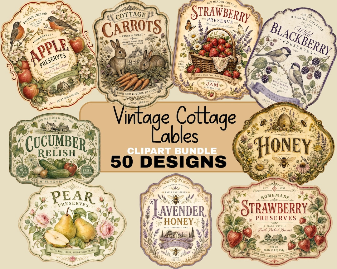 Vintage Cottage Labels Clipart Bundle, Farmhouse Pantry Label, Antique ...