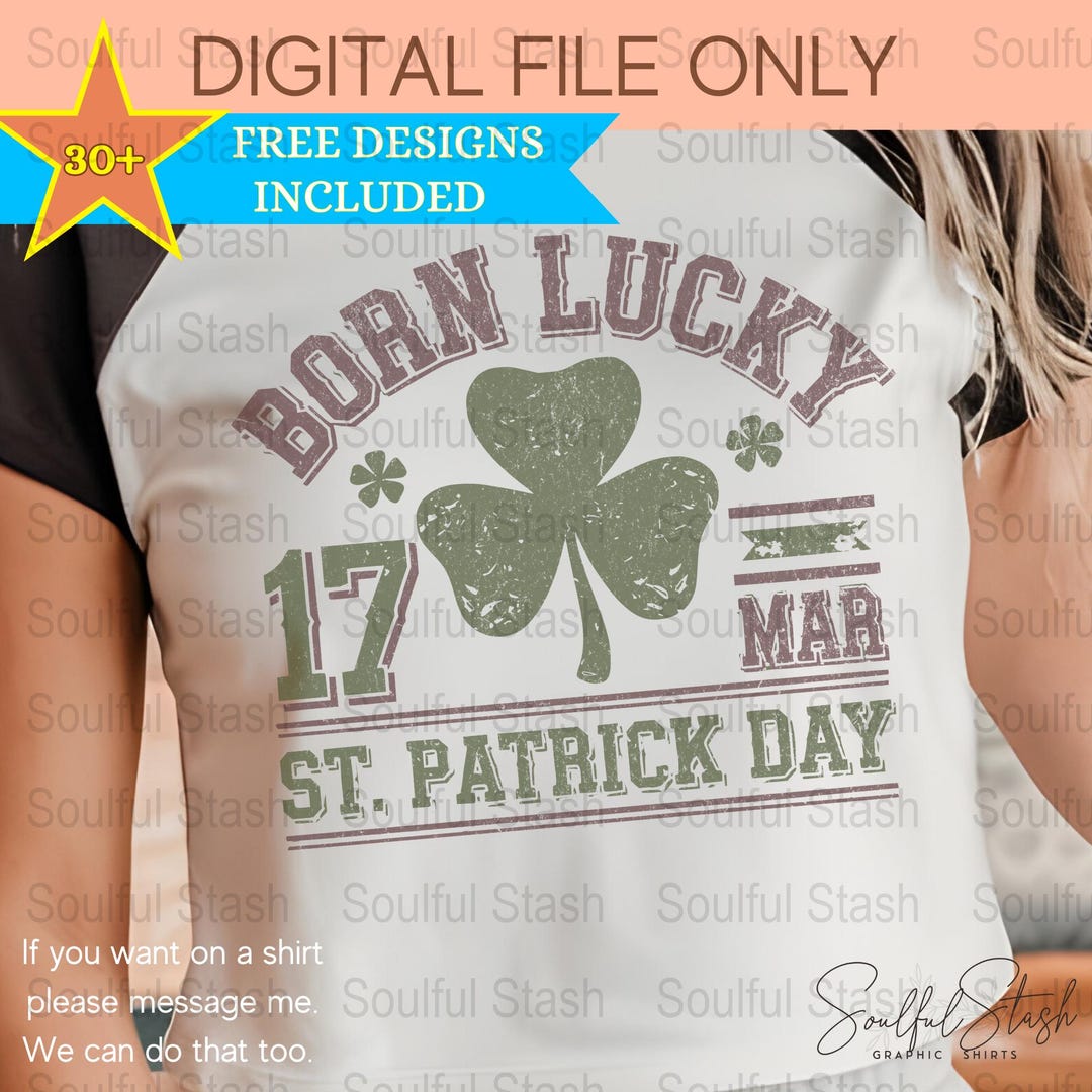 Born Lucky PNG, March 17 Birthday Digital Download, Vintage St Patrick ...